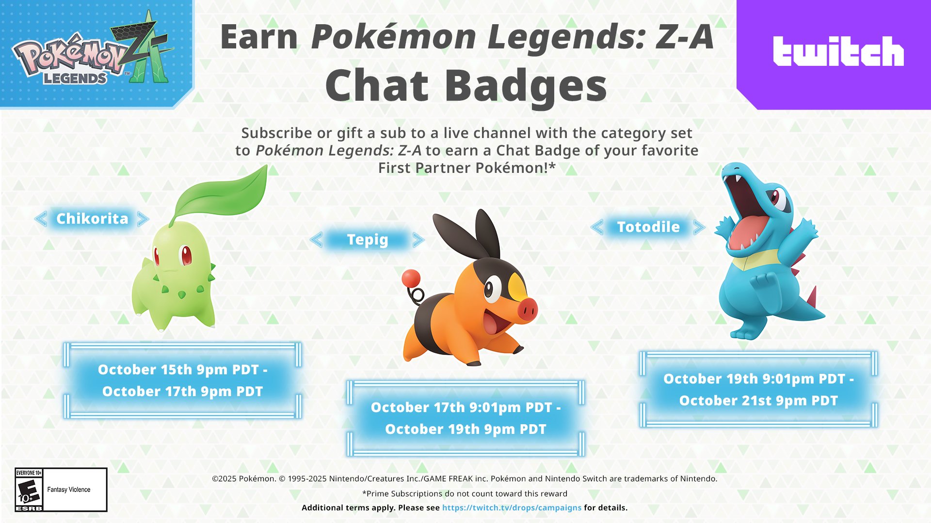 Pokémon LEGENDS Z-A Twitch ワニノコ・チコリータ・ポカブのチャットバッジが貰えるイベント開催【ポケモンZA】